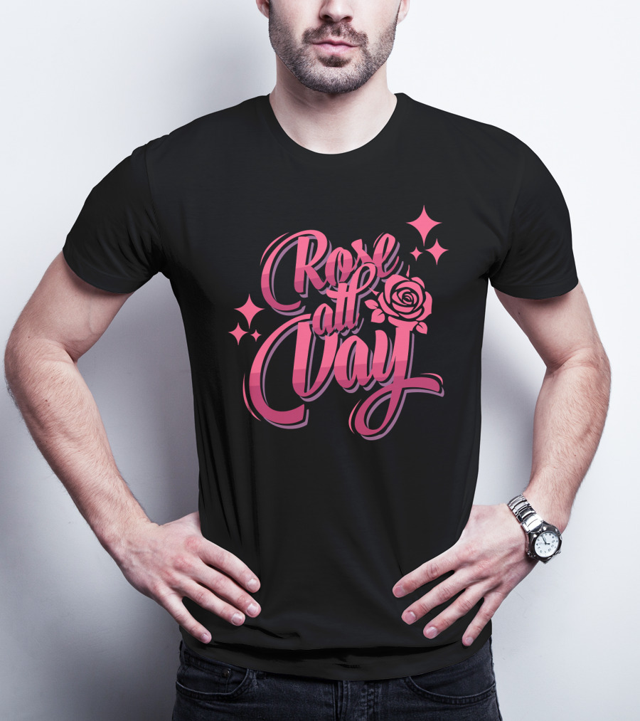 Rose All Day With Stylized Pink Rose And Stars T-Shirt