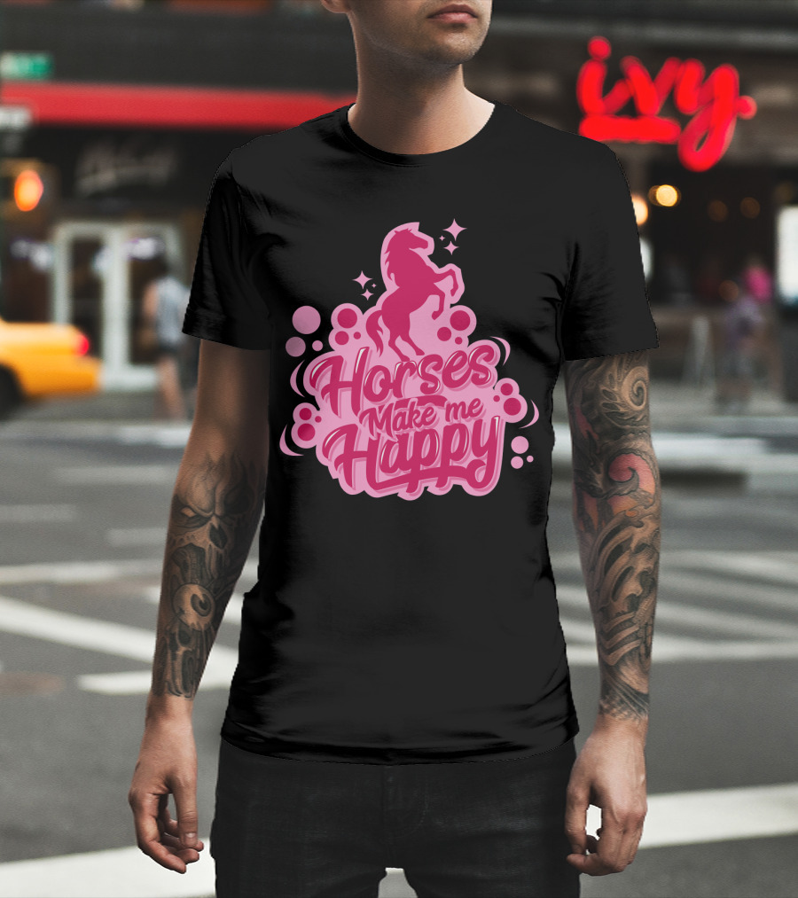 Horses Make Me Happy Pink Horse Silhouette With Stars And Circles T-Shirt