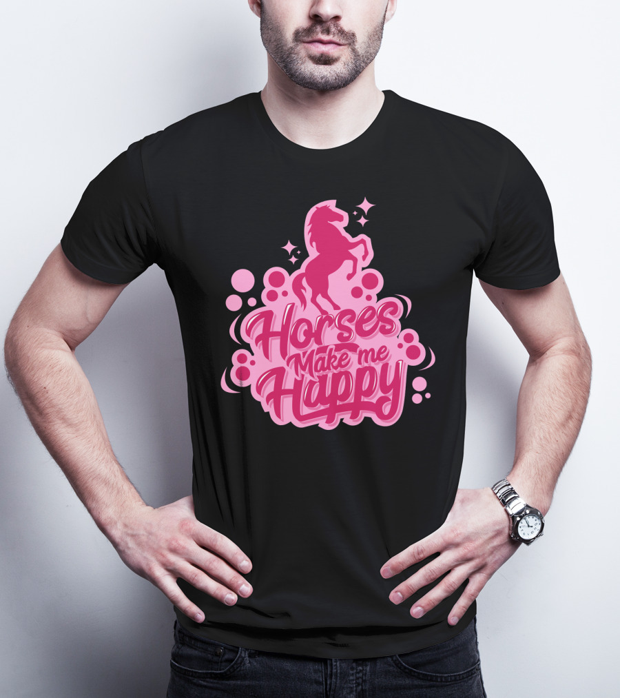 Horses Make Me Happy Pink Horse Silhouette With Stars And Circles T-Shirt