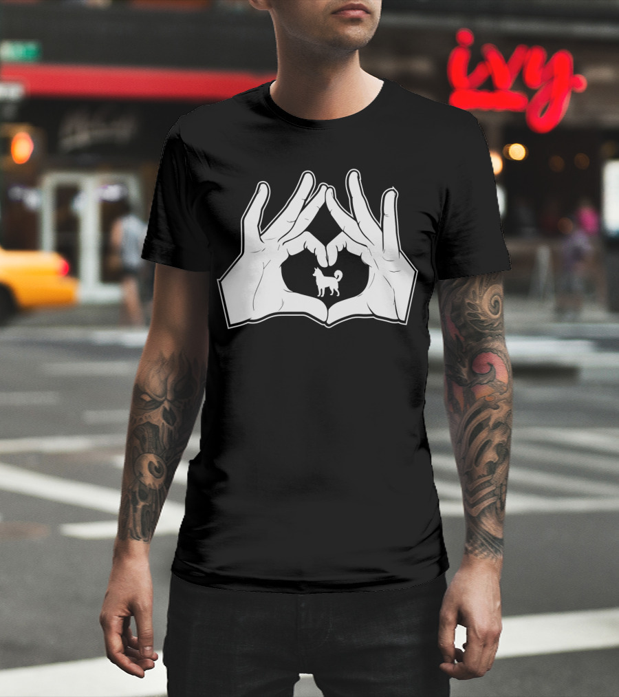 Alaskan Clover Kai Hands Heart Sign Dog Inside Hand Heart Gesture T-Shirt