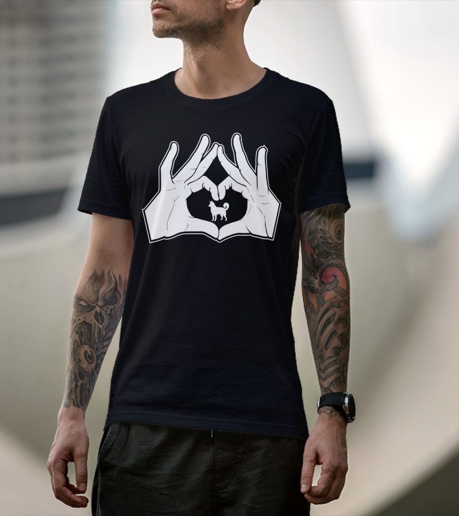 Alaskan Clover Kai Hands Heart Sign Dog Inside Hand Heart Gesture T-Shirt