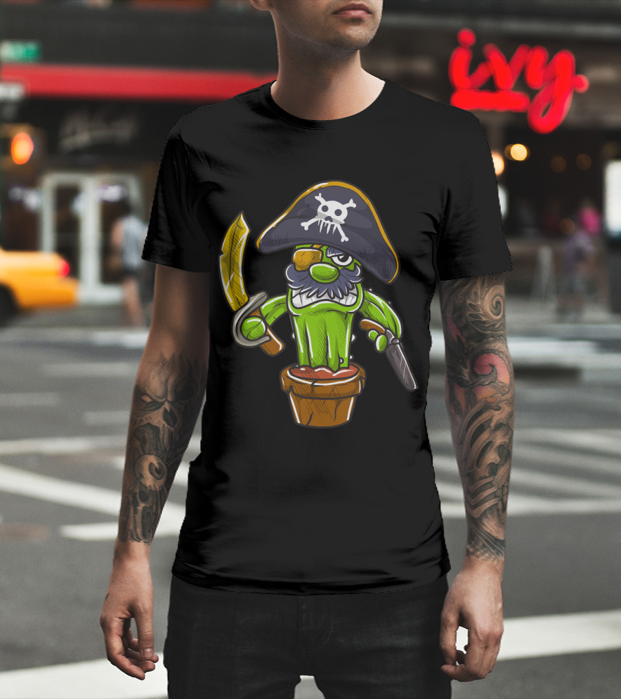 Cactus Pirate Jolly Roger Skull Spooky Pot Sword Eyepatch T-Shirt