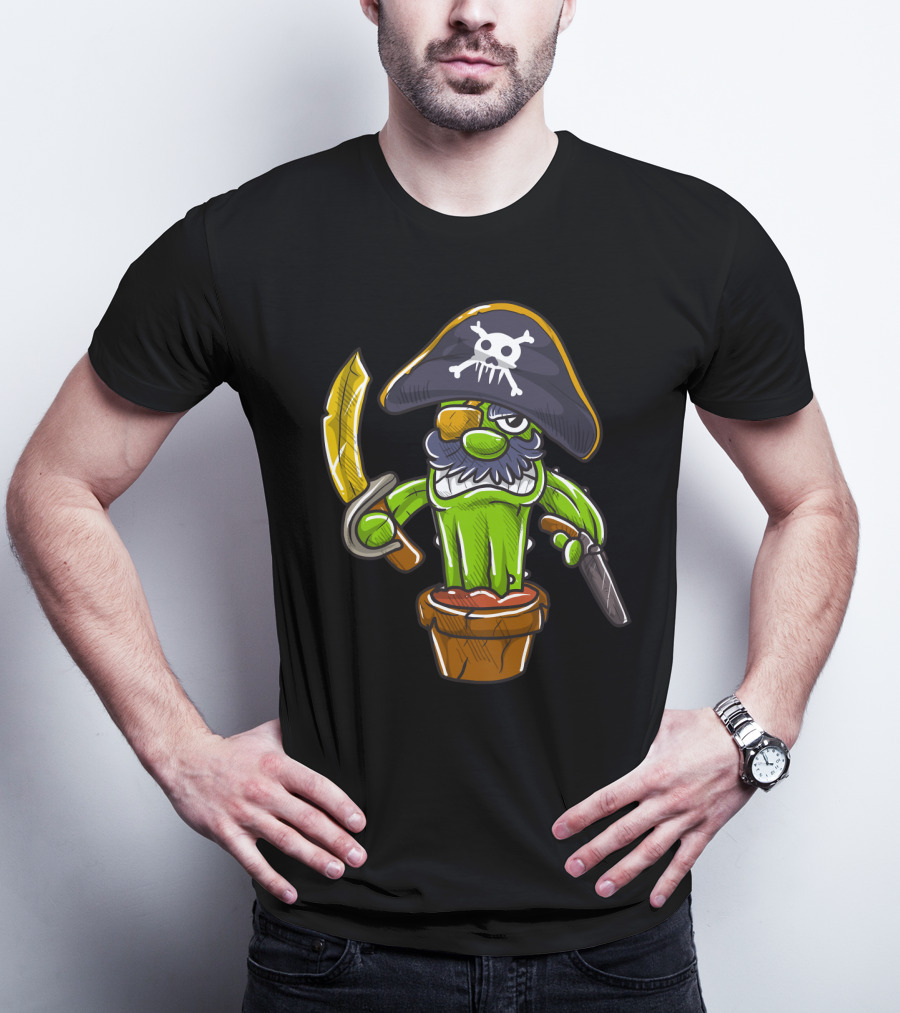 Cactus Pirate Jolly Roger Skull Spooky Pot Sword Eyepatch T-Shirt