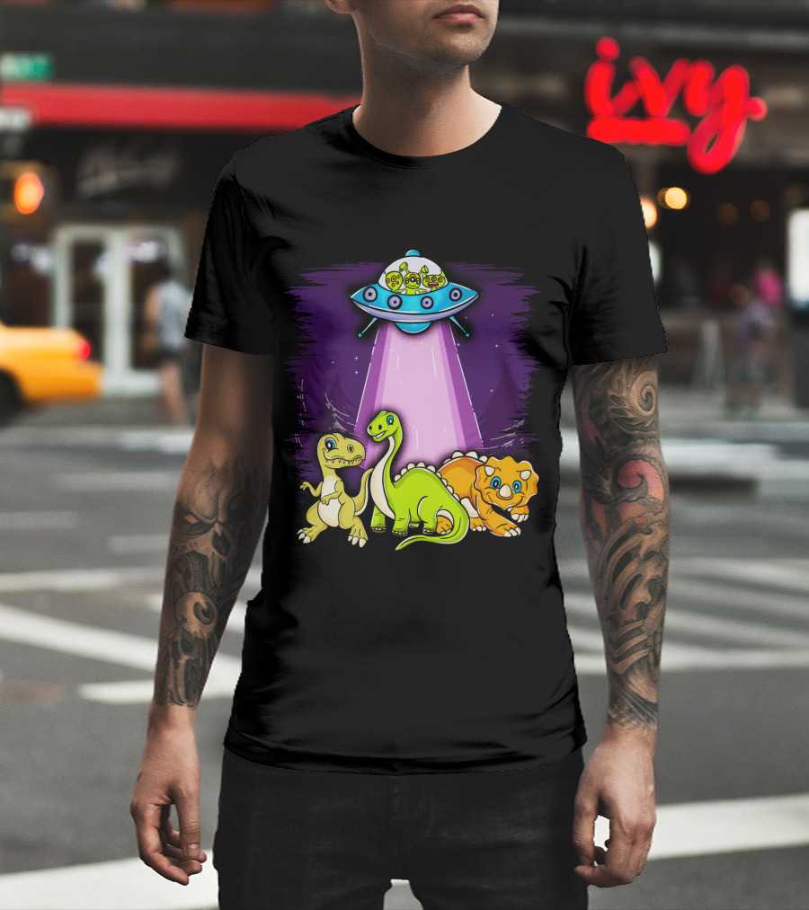 Dinosaur Alien Abduction Dinosaur Extinction Conspiracy UFO Cartoon T-Shirt