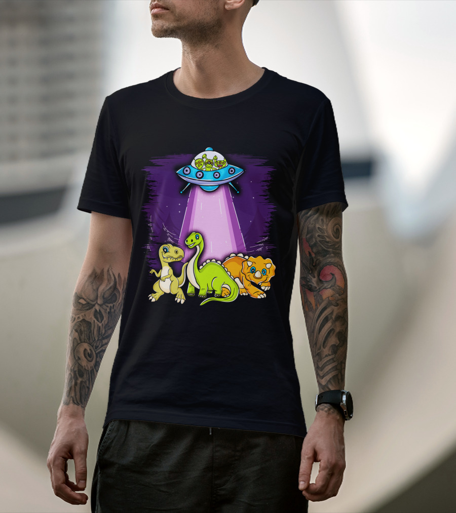 Dinosaur Alien Abduction Dinosaur Extinction Conspiracy UFO Cartoon T-Shirt