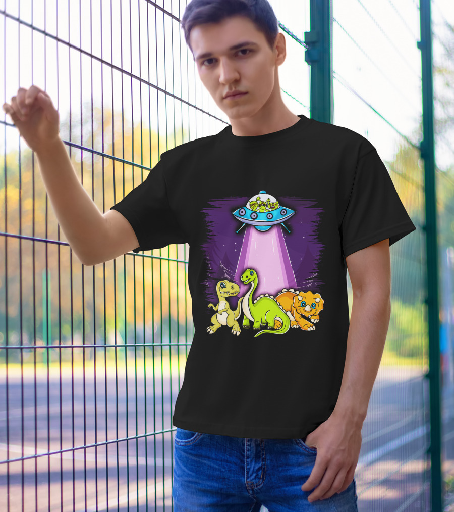 Dinosaur Alien Abduction Dinosaur Extinction Conspiracy UFO Cartoon T-Shirt