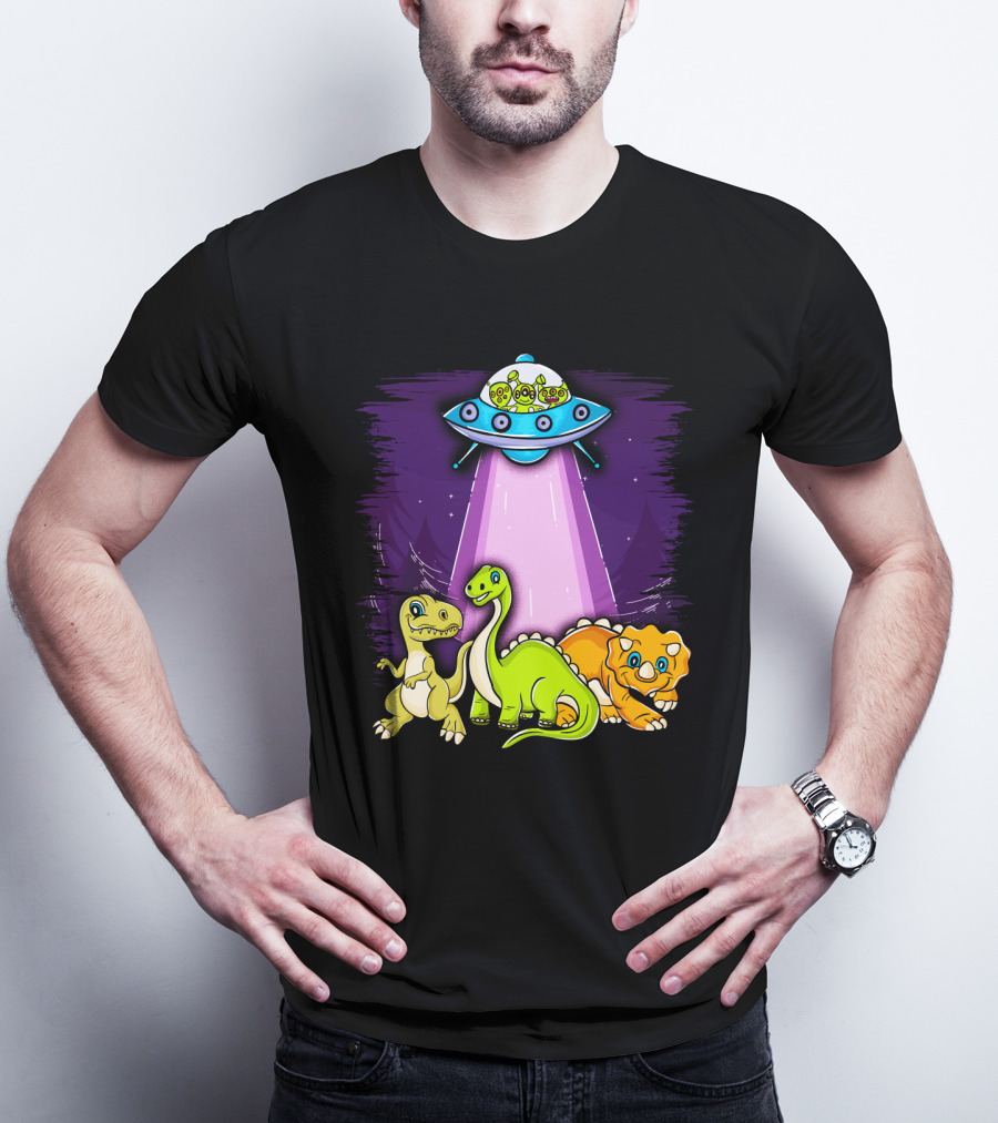 Dinosaur Alien Abduction Dinosaur Extinction Conspiracy UFO Cartoon T-Shirt