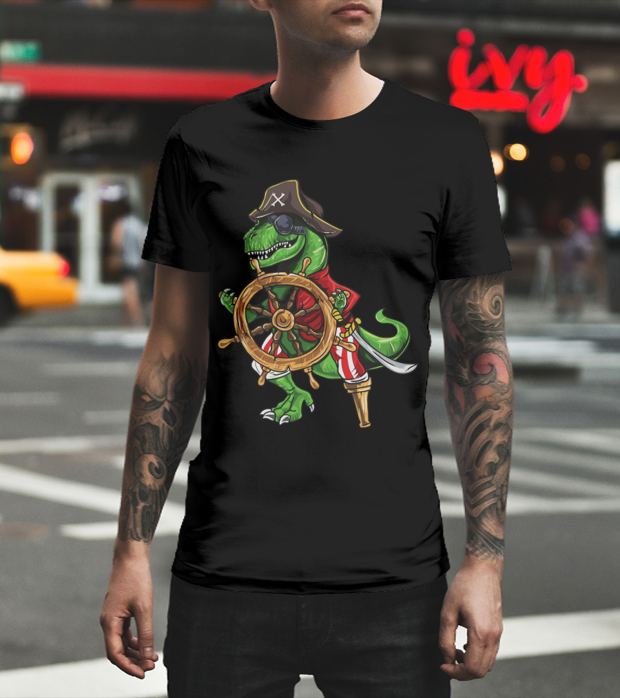T-Rex Pirate Hat Wooden Leg Steering Ship Wheel Halloween Skull T-Shirt