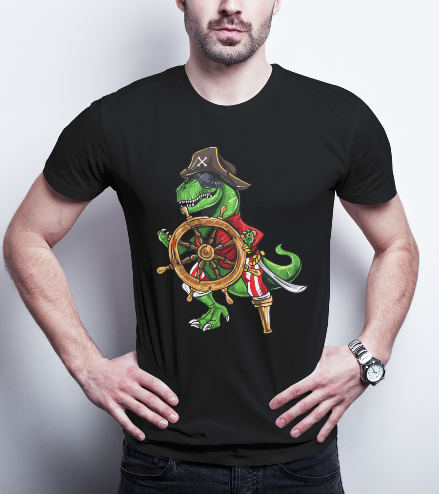 T-Rex Pirate Hat Wooden Leg Steering Ship Wheel Halloween Skull T-Shirt