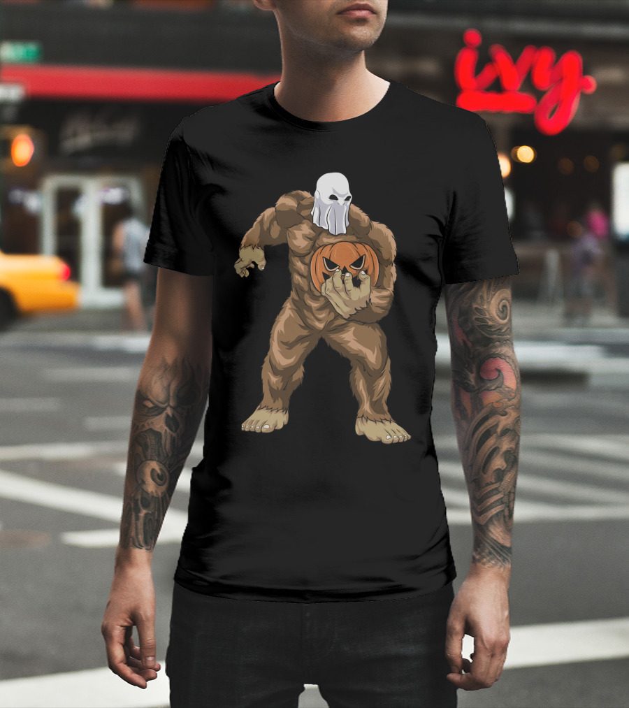 Ghost Bigfoot Sasquatch With Jack O' Lantern Head T-Shirt