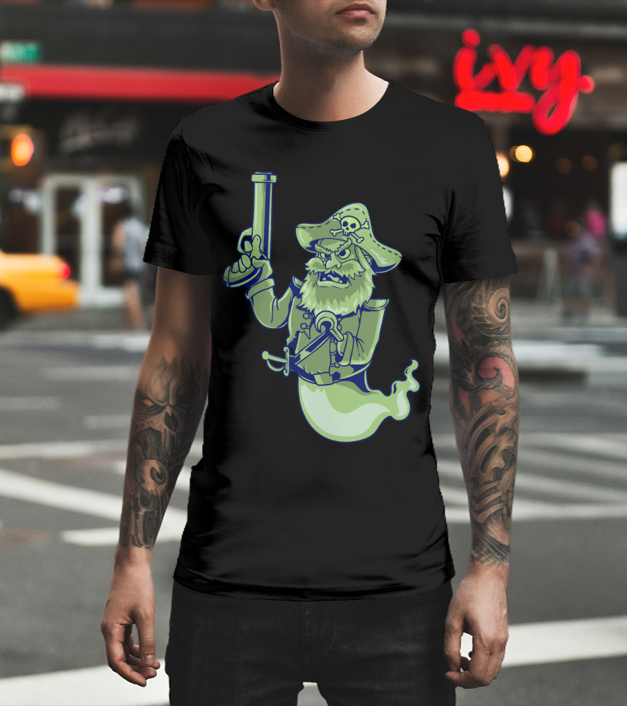 Ghost Pirate Jolly Roger Skull With Sword And Gun Spooky Specter T-Shirt