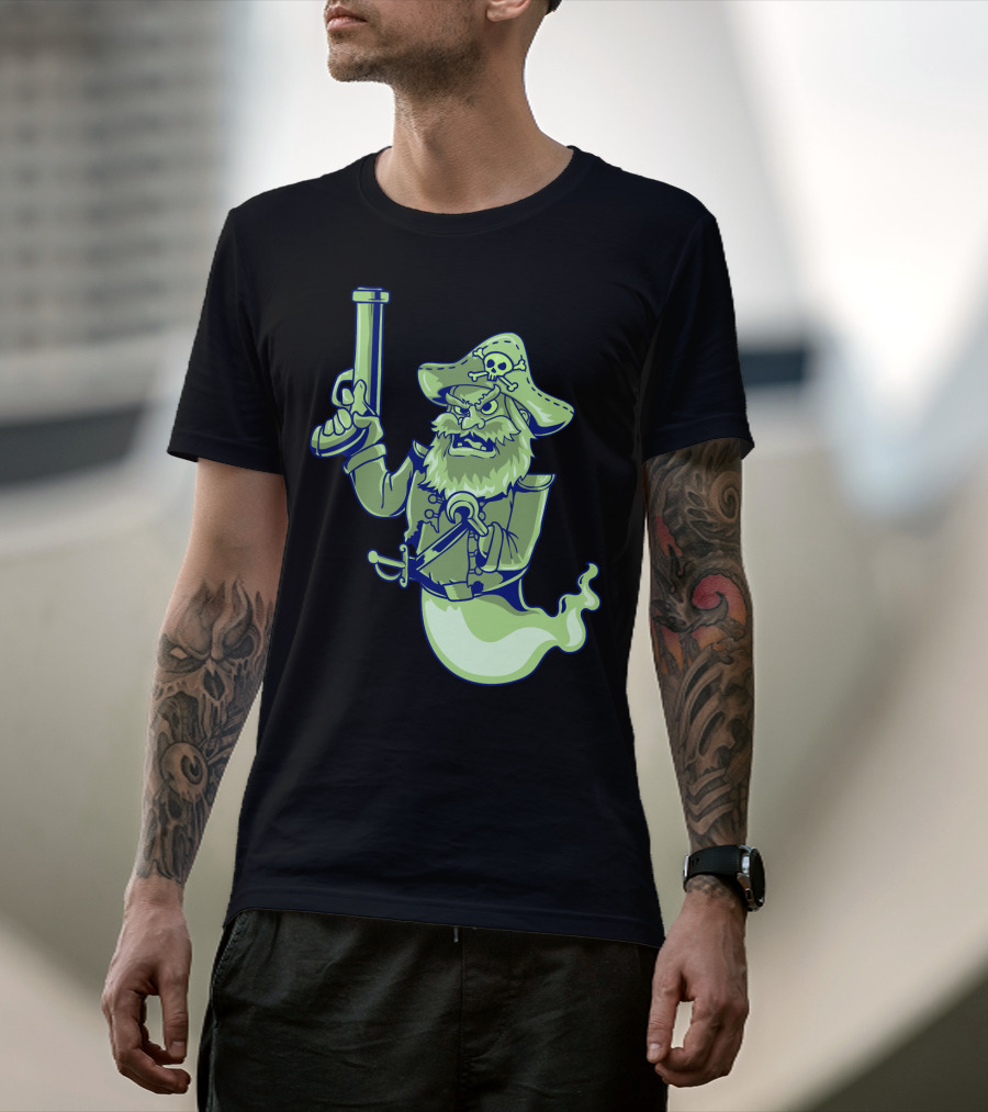 Ghost Pirate Jolly Roger Skull With Sword And Gun Spooky Specter T-Shirt