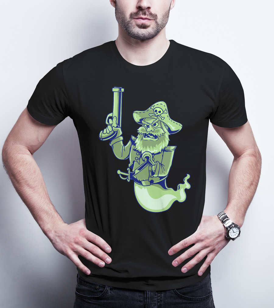 Ghost Pirate Jolly Roger Skull With Sword And Gun Spooky Specter T-Shirt