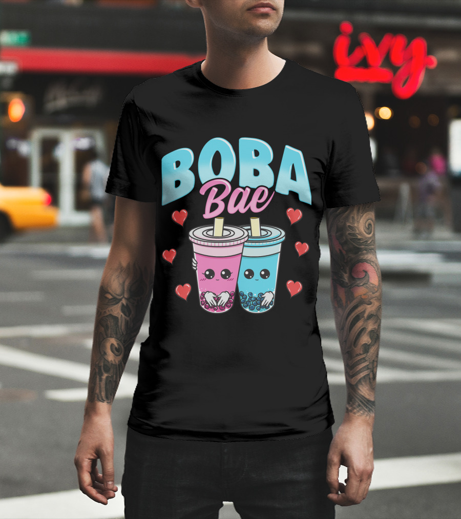 Kawaii Boba Bae Cute Bubble Tea Characters With Hearts T-Shirt