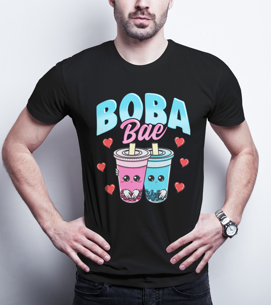 Kawaii Boba Bae Cute Bubble Tea Characters With Hearts T-Shirt