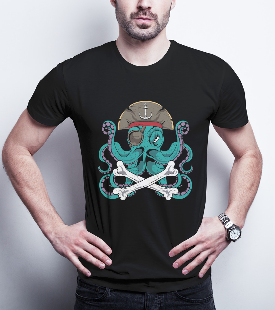 Octopus Pirate Jolly Roger Crossbones Anchor Hat Tentacles T-Shirt