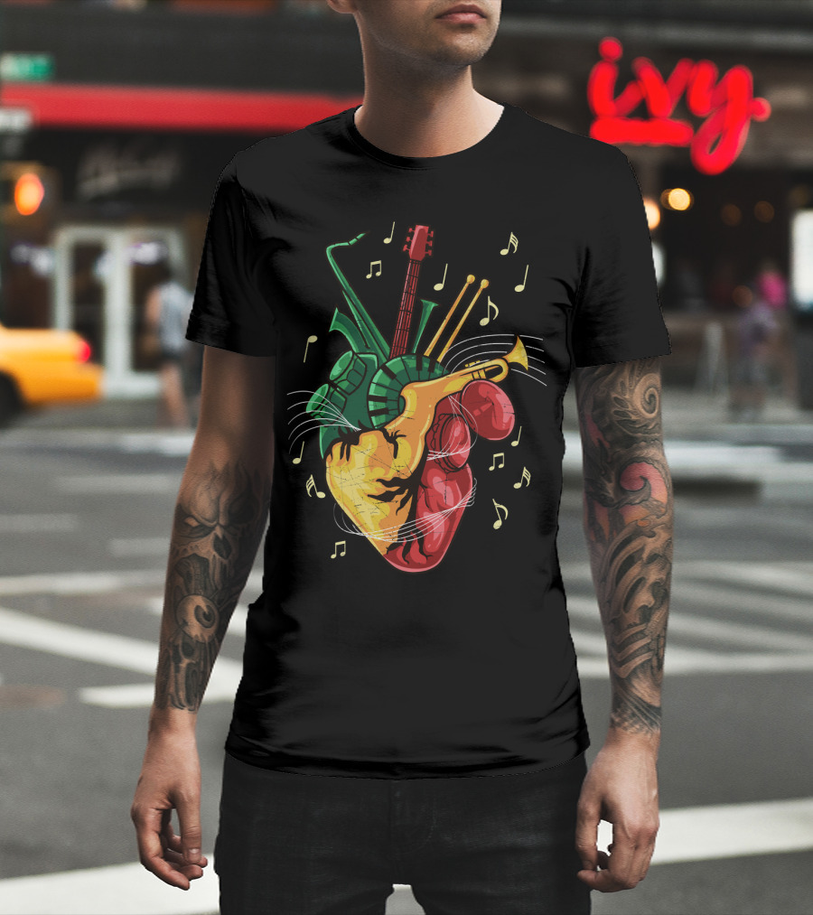 Reggae Lover Jamaican Heart Music Rastafari Instrument Fusion T-Shirt
