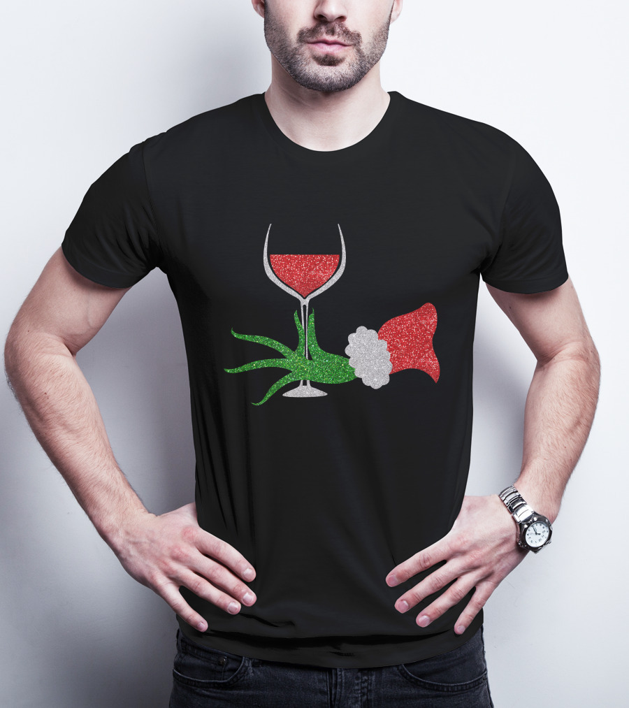 Grinch Hand Santa Hat Wine Glass Red Green Sparkle T-Shirt
