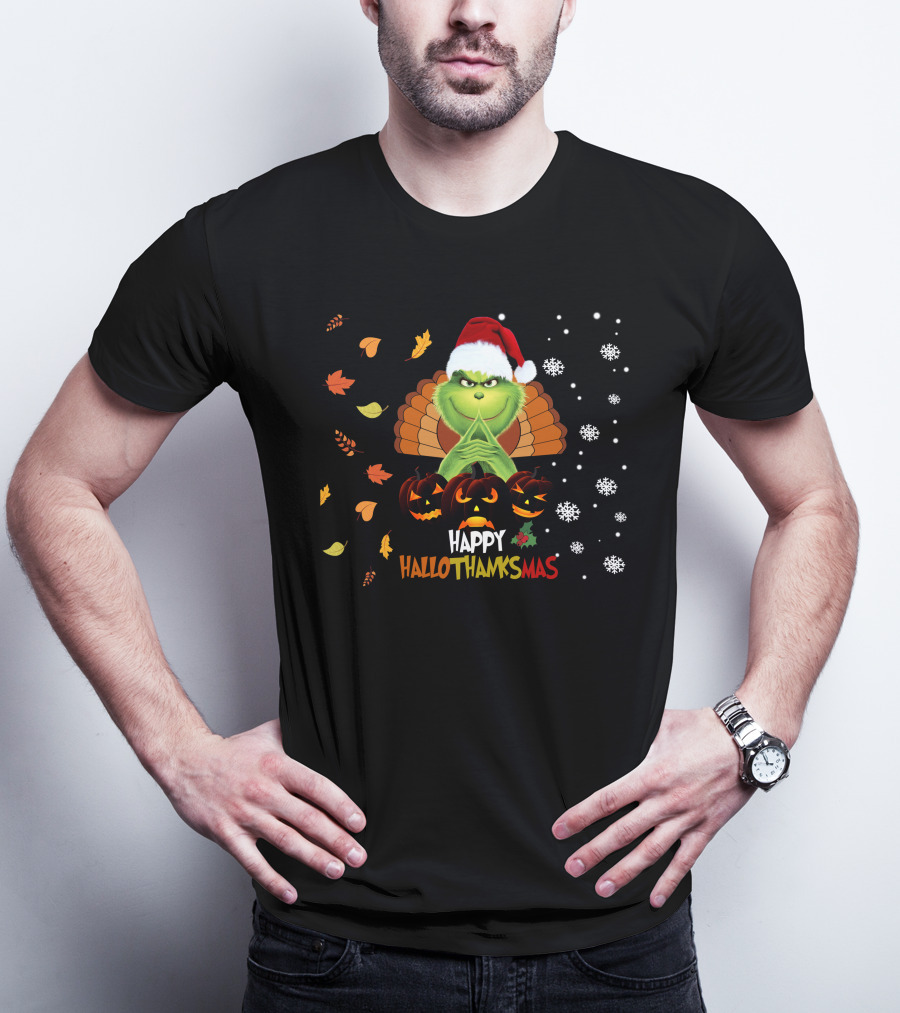 Grinch Happy Hallothanksmas Turkey Santa Hat Pumpkins Leaves Snowflakes T-Shirt