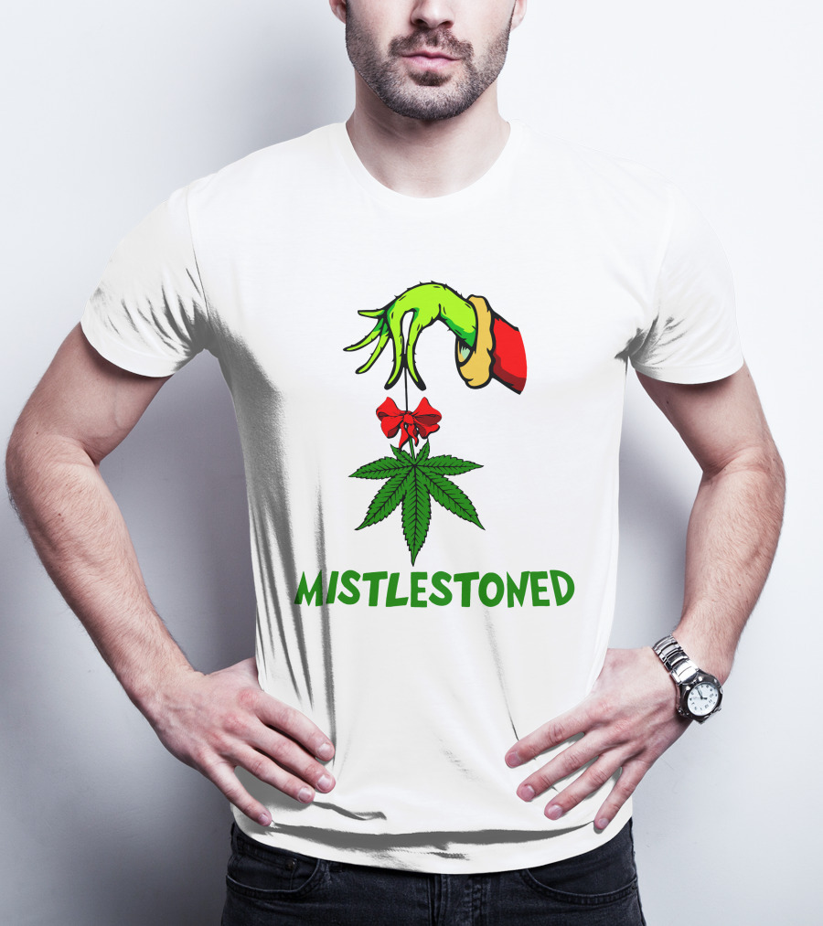 Grinch Hand Holding Mistletoe Leaf With Mistlestoned Text T-Shirt
