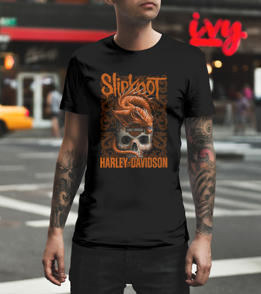 Slipknot Harley Davidson Dragon Skull Motif T-Shirt