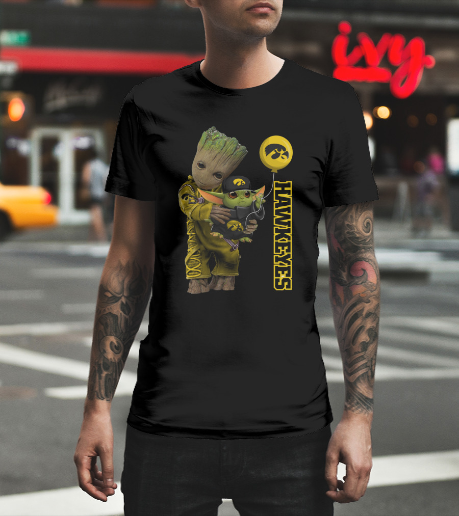 G&Y Iowa Hawkeyes Groot And Baby Yoda Balloon T-Shirt