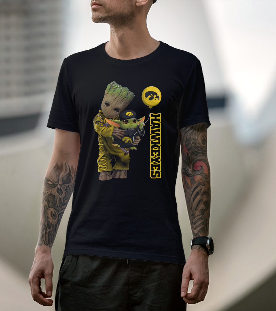 G&Y Iowa Hawkeyes Groot And Baby Yoda Balloon T-Shirt