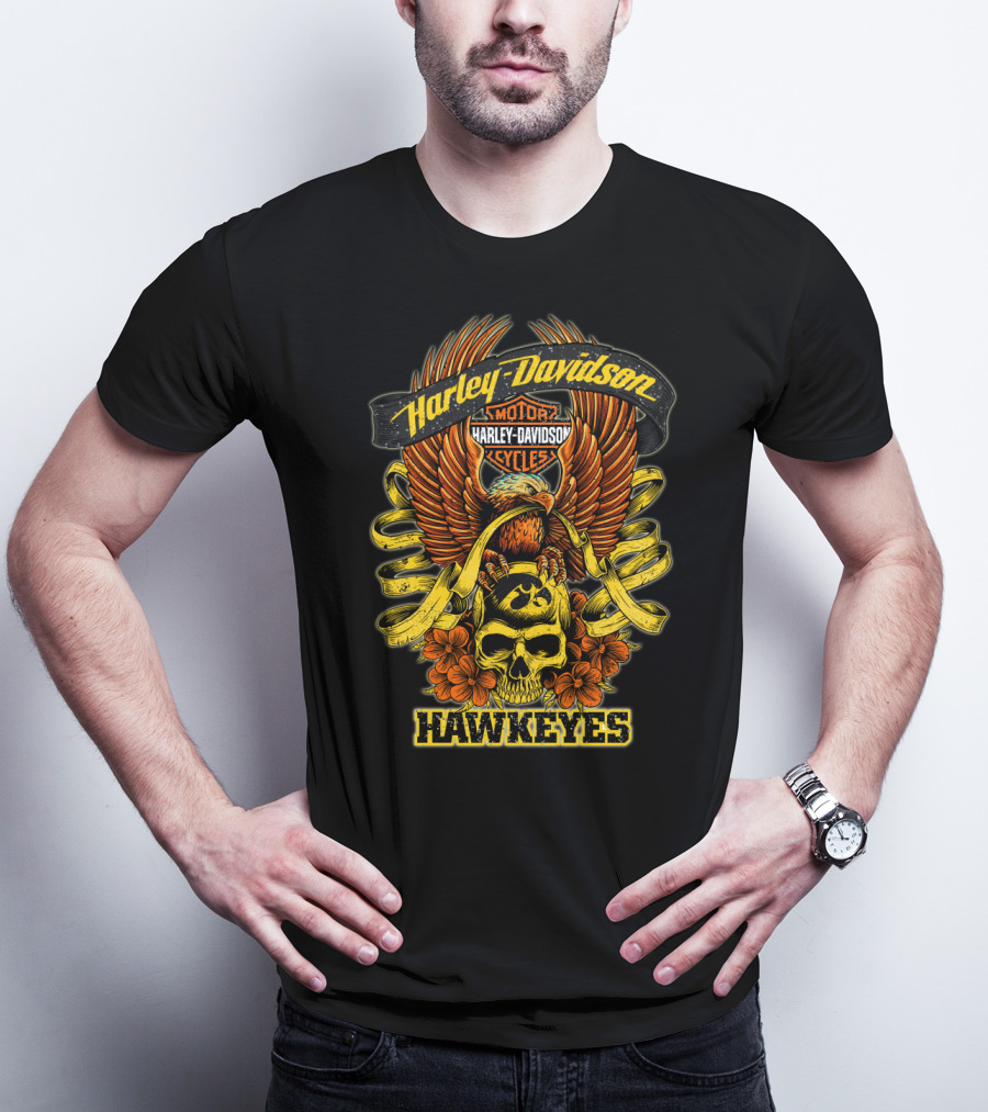 Harley Davidson Motor Cycles Hawkeyes Skull Eagle Winged T-Shirt