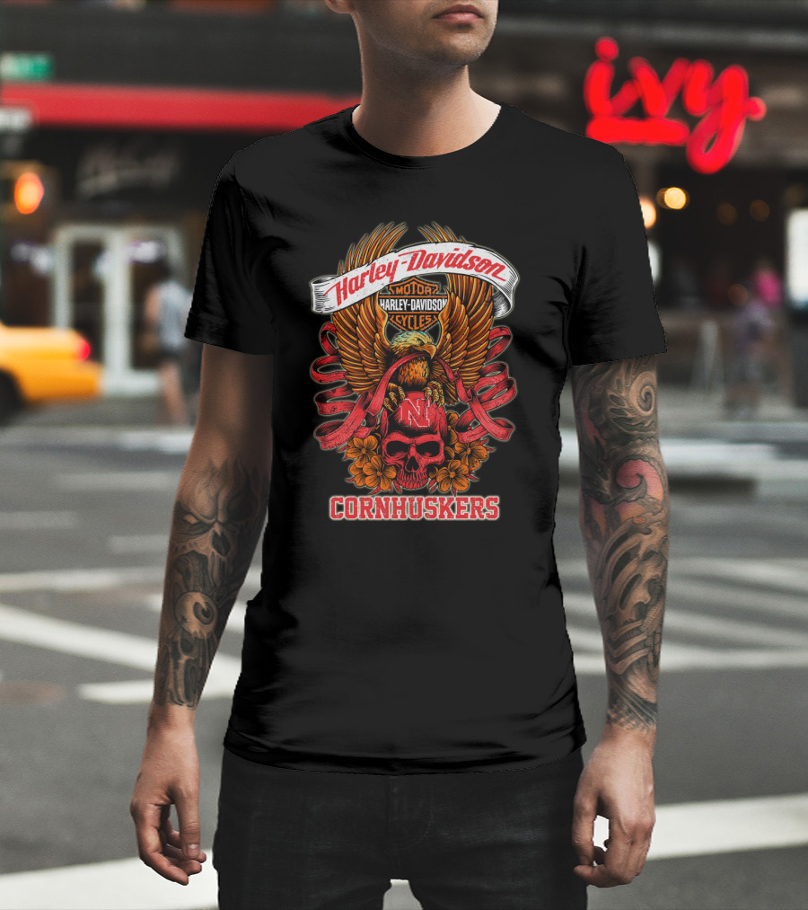 Harley Davidson Motor Cycles Nebraska Cornhuskers Eagle And Skull T-Shirt