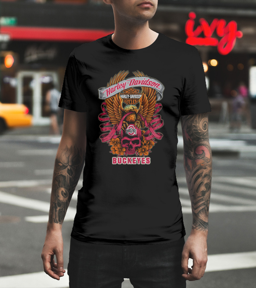 Harley Davidson Ohio State Buckeyes Skull And Eagle T-Shirt