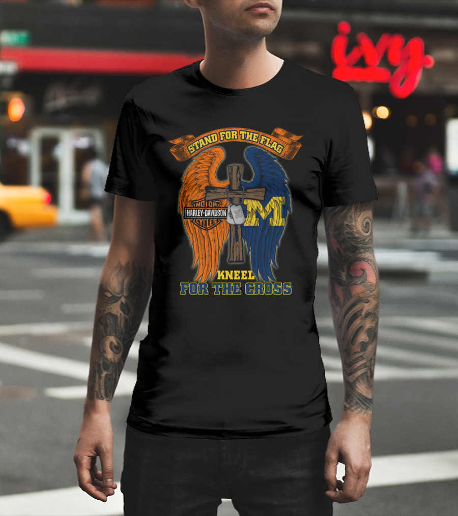 Stand For The Flag Kneel For The Cross Harley Davidson Michigan Wolverines T-Shirt