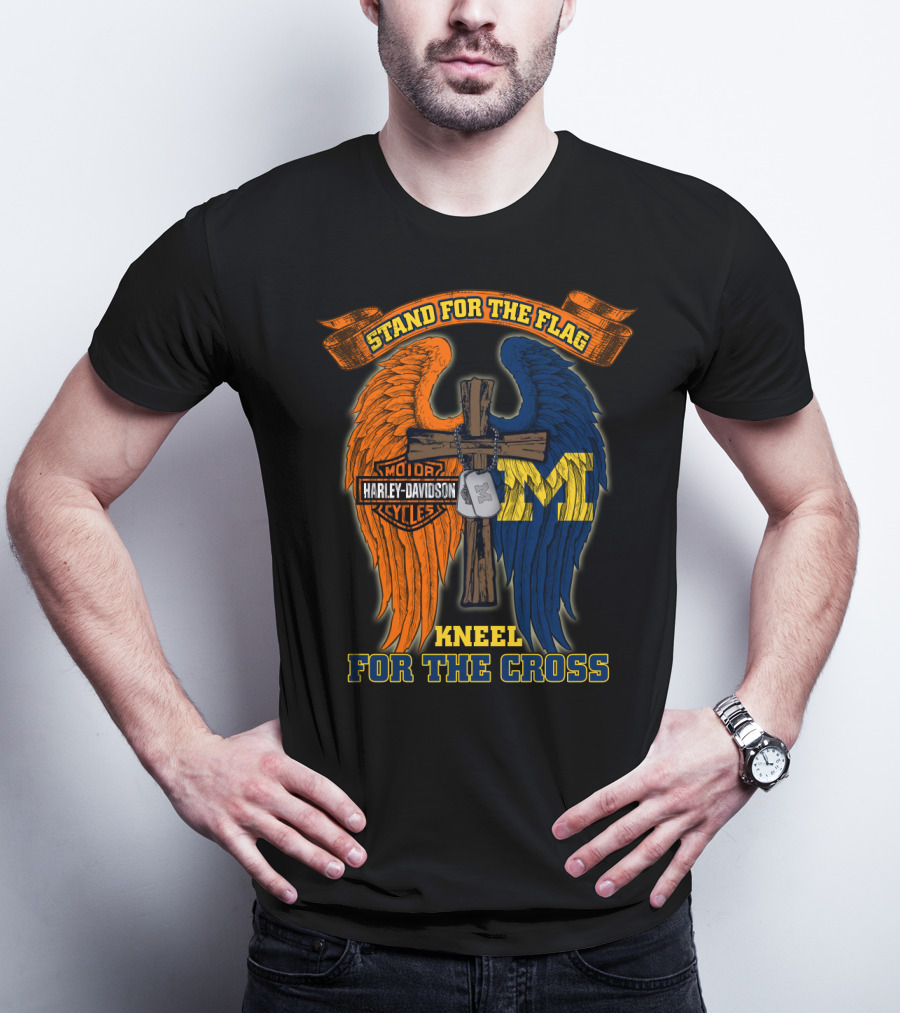 Stand For The Flag Kneel For The Cross Harley Davidson Michigan Wolverines T-Shirt