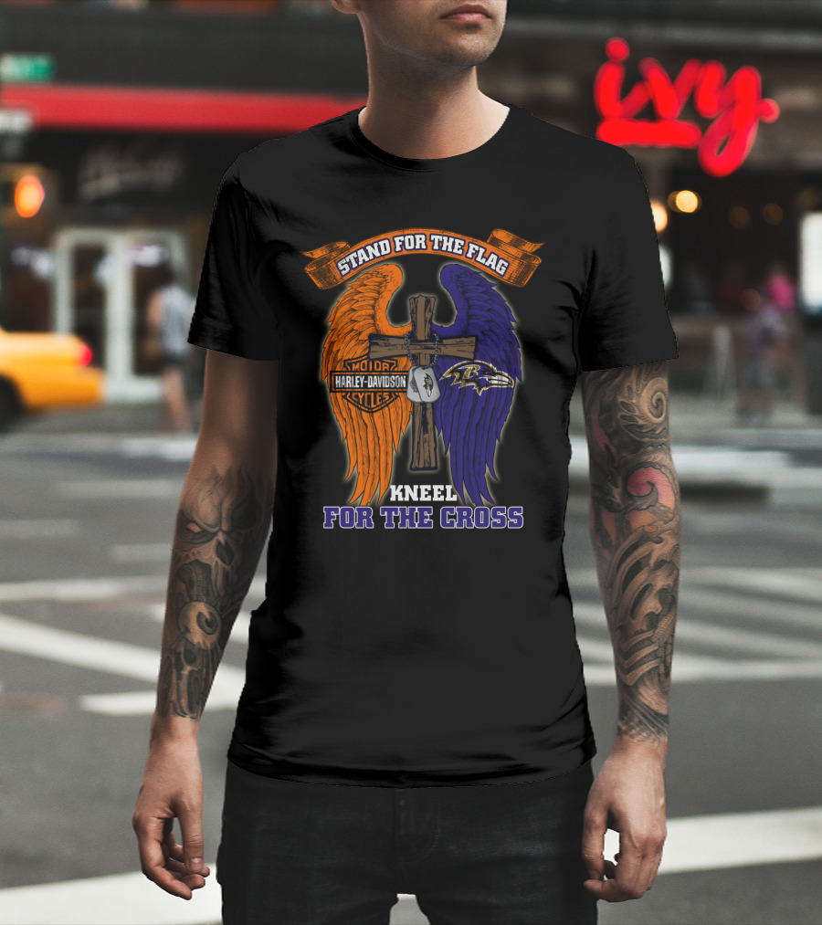 Stand For The Flag Kneel For The Cross Harley Davidson Motorcycles Baltimore Ravens T-Shirt