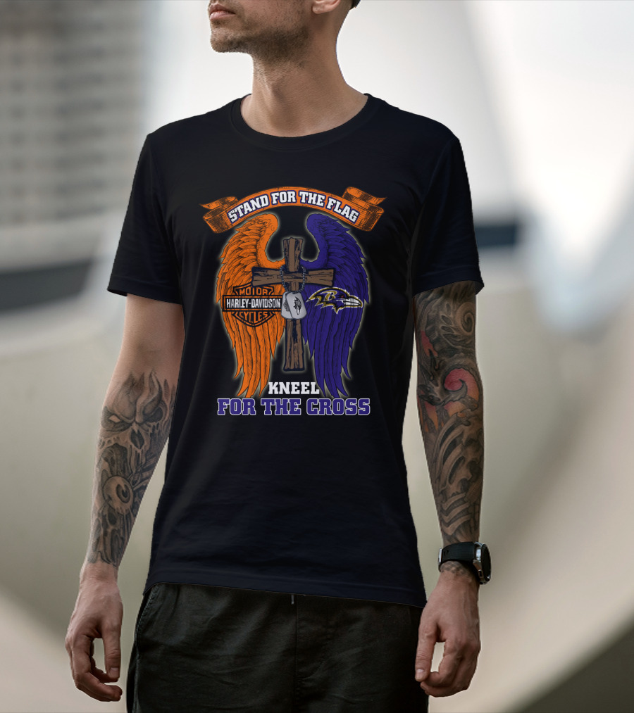 Stand For The Flag Kneel For The Cross Harley Davidson Motorcycles Baltimore Ravens T-Shirt
