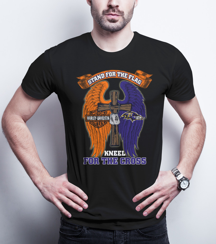 Stand For The Flag Kneel For The Cross Harley Davidson Motorcycles Baltimore Ravens T-Shirt