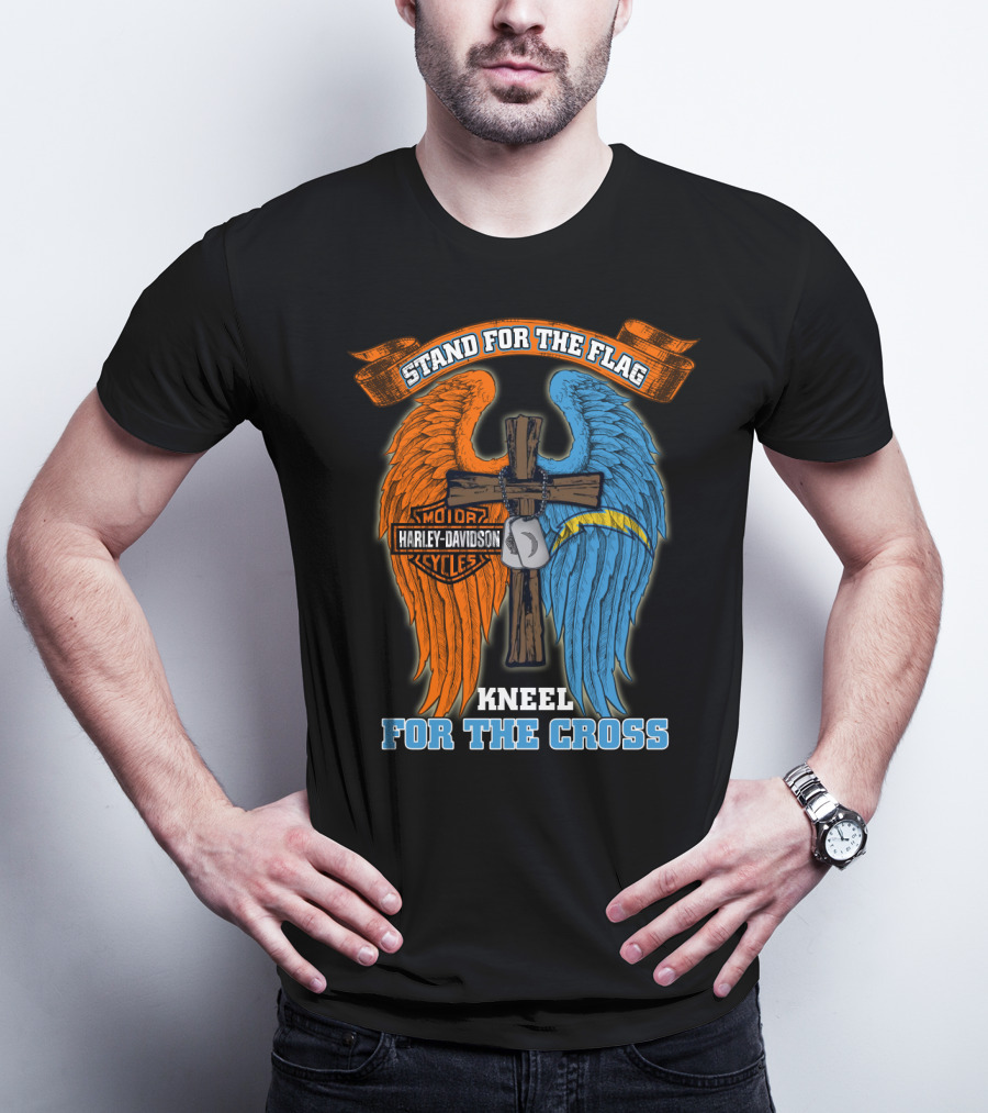 Stand For The Flag Kneel For The Cross Harley Davidson Los Angeles Chargers T-Shirt