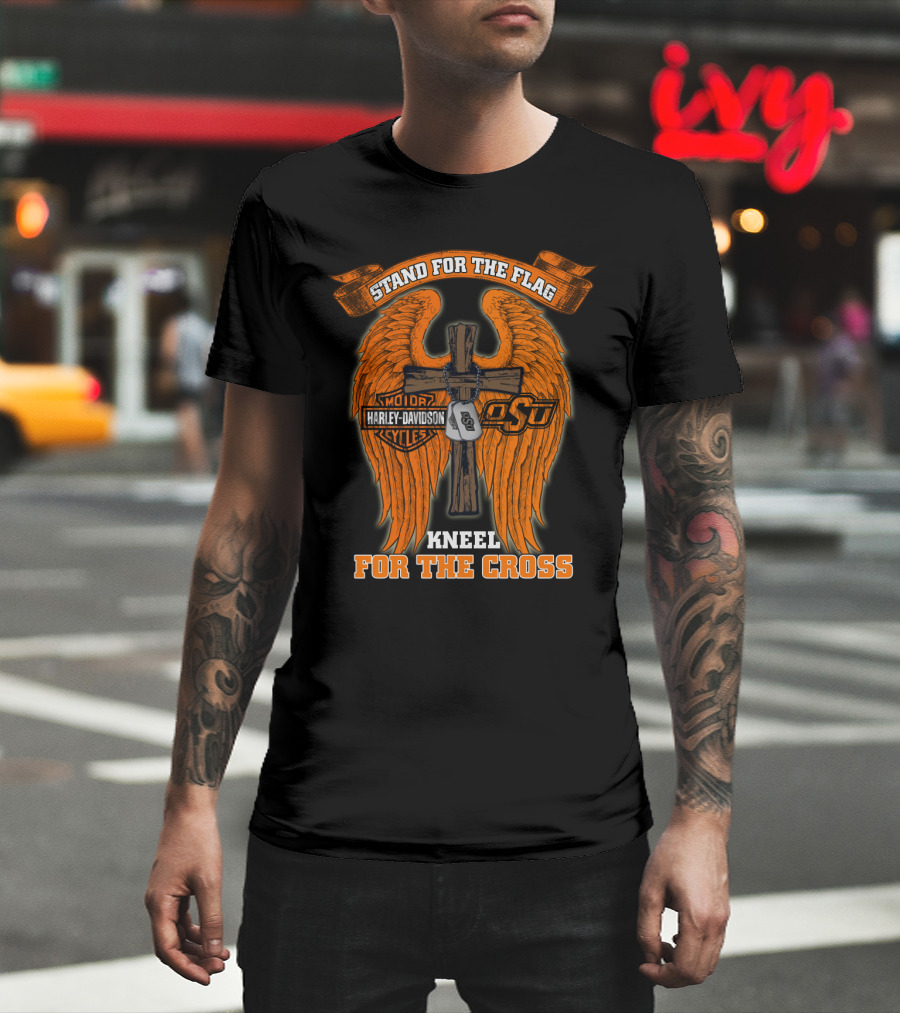 Stand For The Flag Kneel For The Cross Harley Davidson Osu Oklahoma State Cowboys T-Shirt