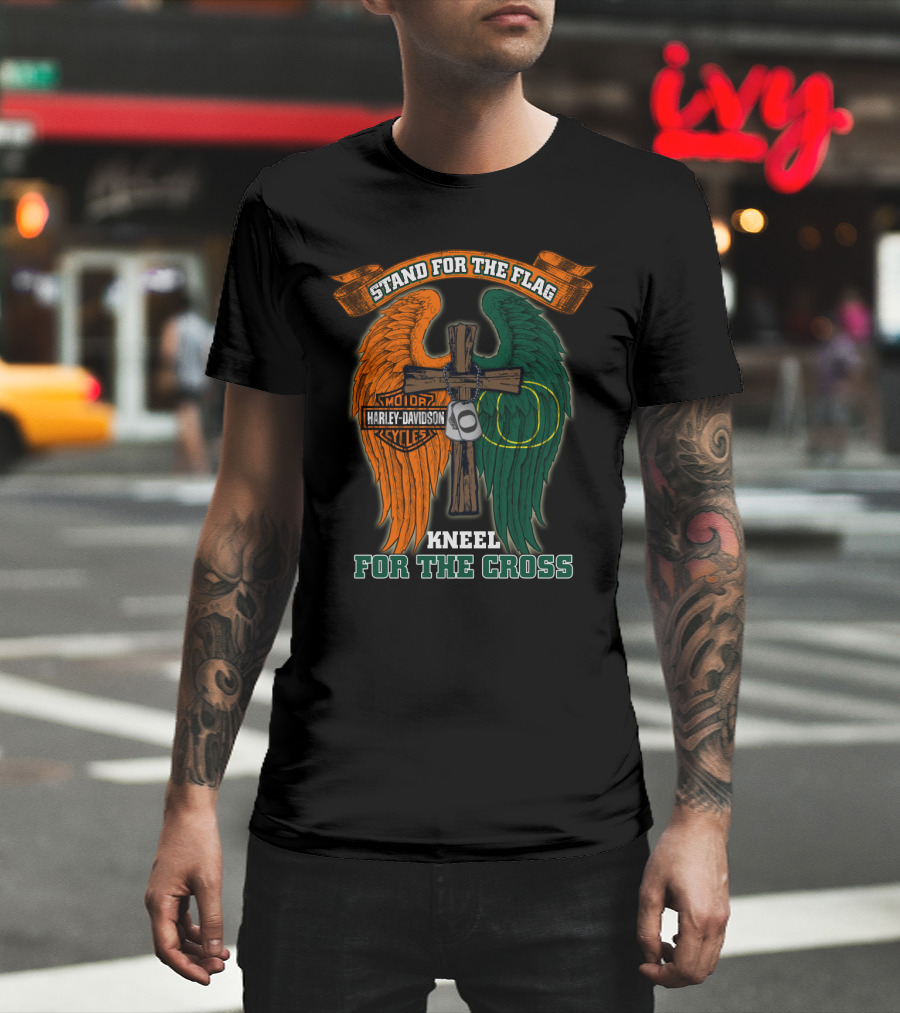 Stand For The Flag Kneel For The Cross Harley Davidson Oregon Ducks T-Shirt