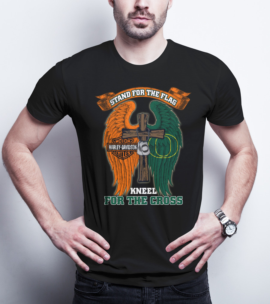 Stand For The Flag Kneel For The Cross Harley Davidson Oregon Ducks T-Shirt