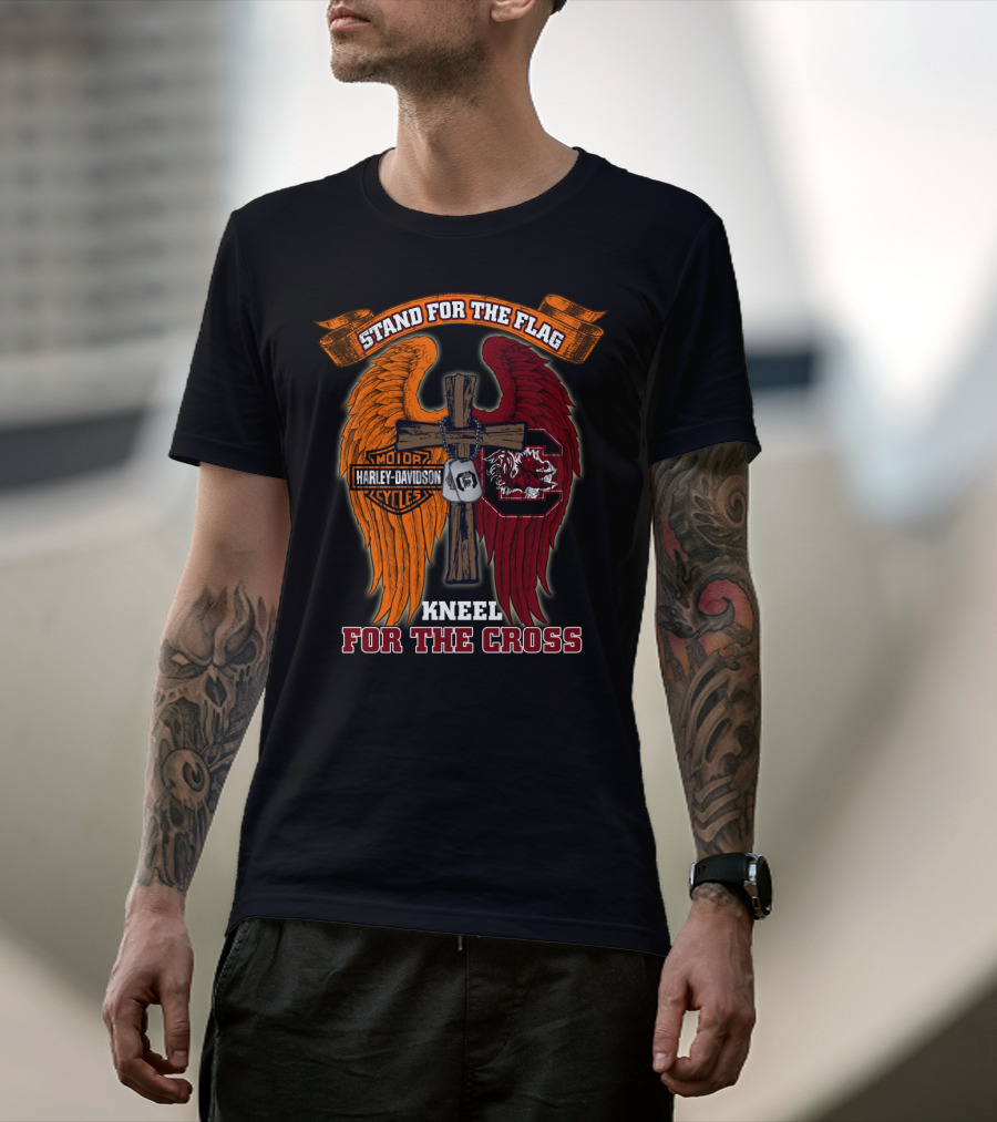 Stand For The Flag Kneel For The Cross Harley Davidson South Carolina Gamecocks T-Shirt