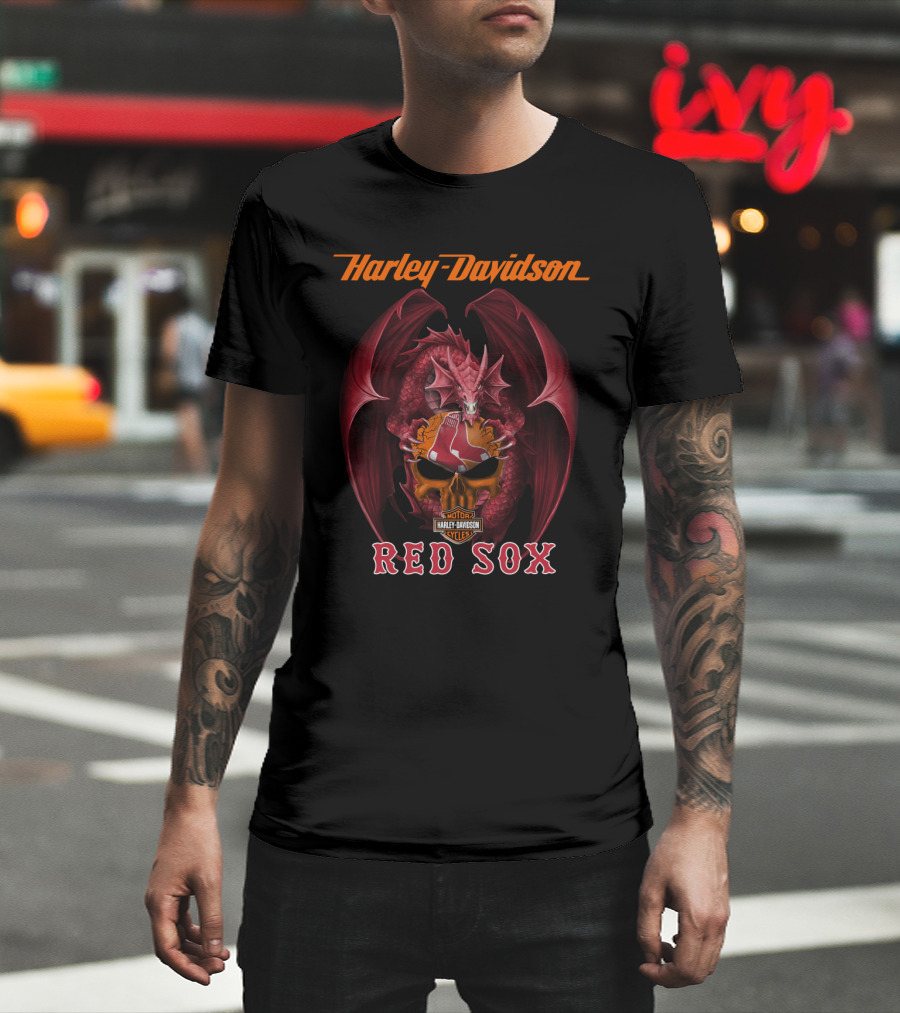 Harley Davidson Red Sox Dragon Skull Motor Cycles T-Shirt
