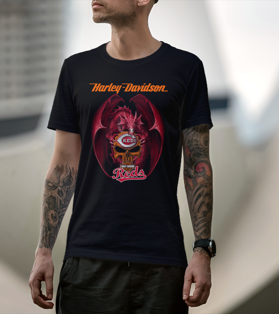 Harley Davidson Motor Cycles Reds Dragon Cincinnati Reds T-Shirt