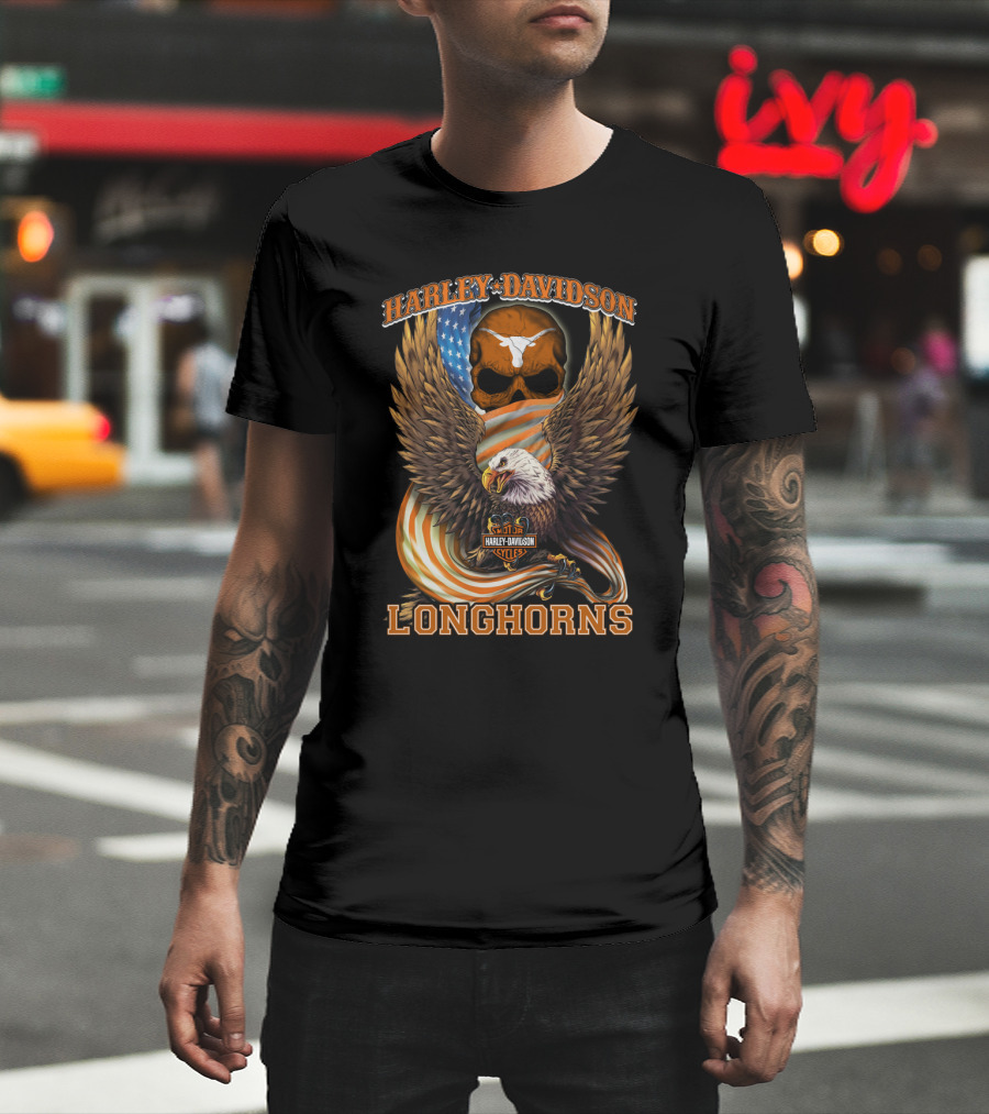 Harley Davidson Longhorns Eagle American Flag Skull T-Shirt