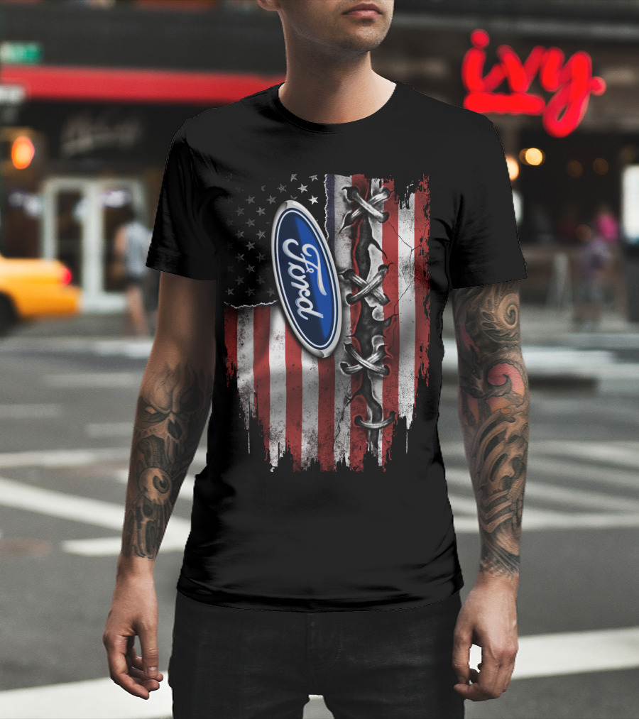 Ford American Flag Distressed Laced T-Shirt