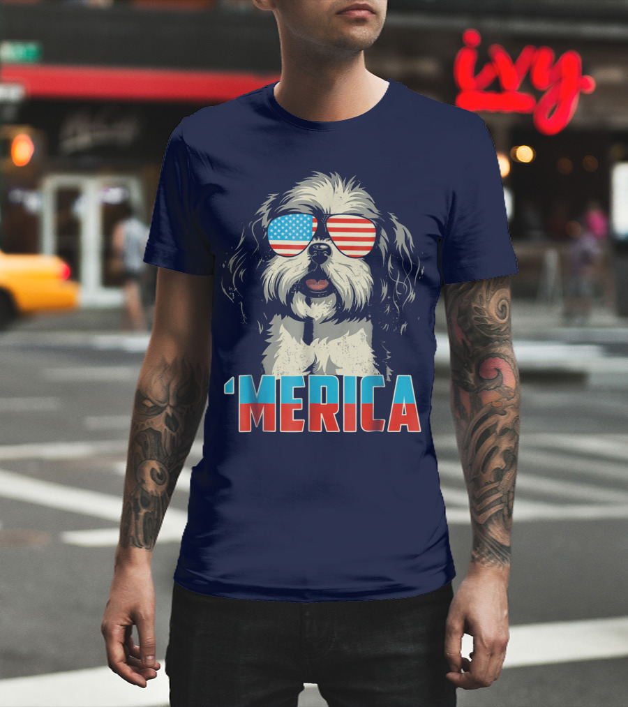 Patriotic Shih Tzu 'Merica With American Flag Sunglasses T-Shirt