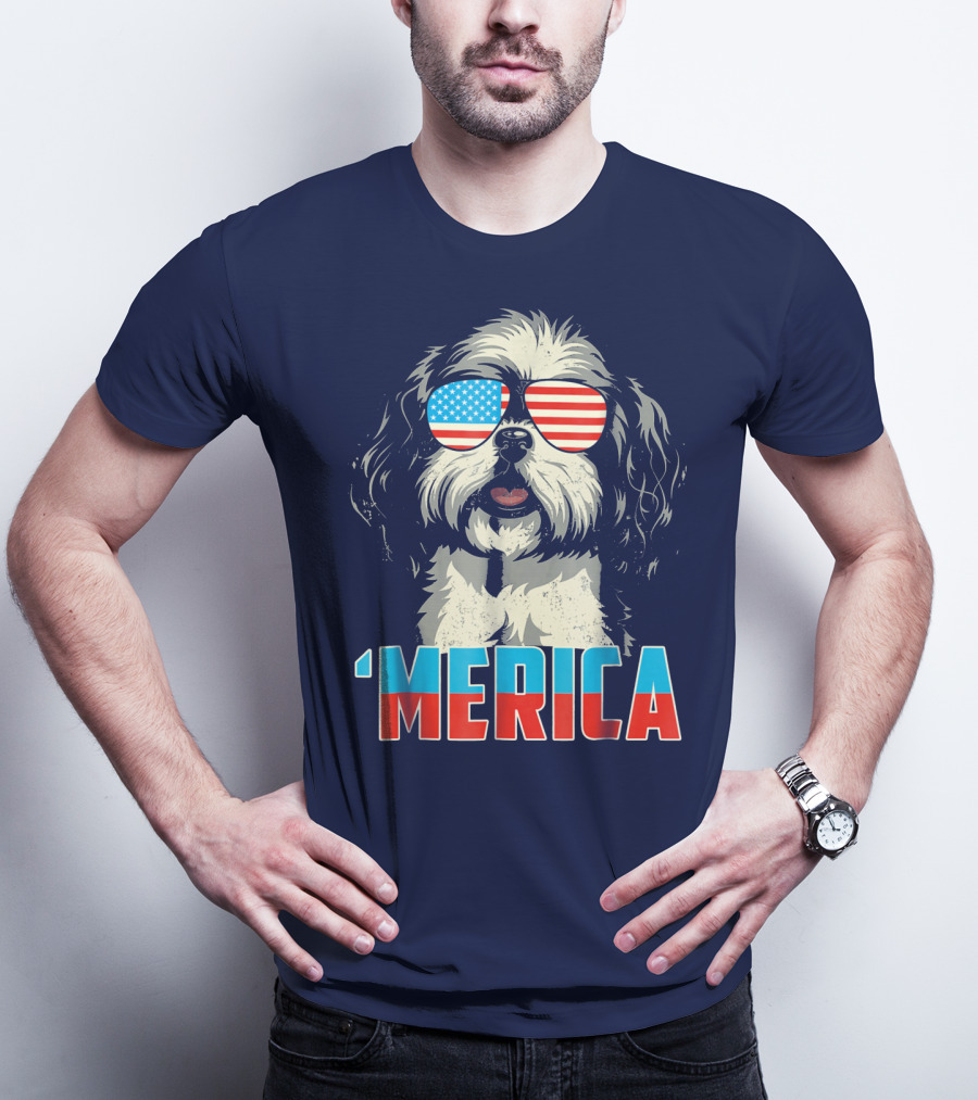 Patriotic Shih Tzu 'Merica With American Flag Sunglasses T-Shirt