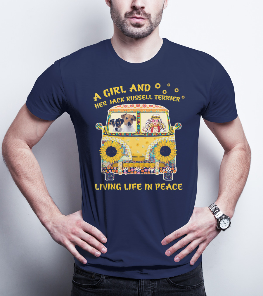 A Girl And Her Jack Russell Terrier Living Life In Peace Hippie Van With Sunflowers T-Shirt
