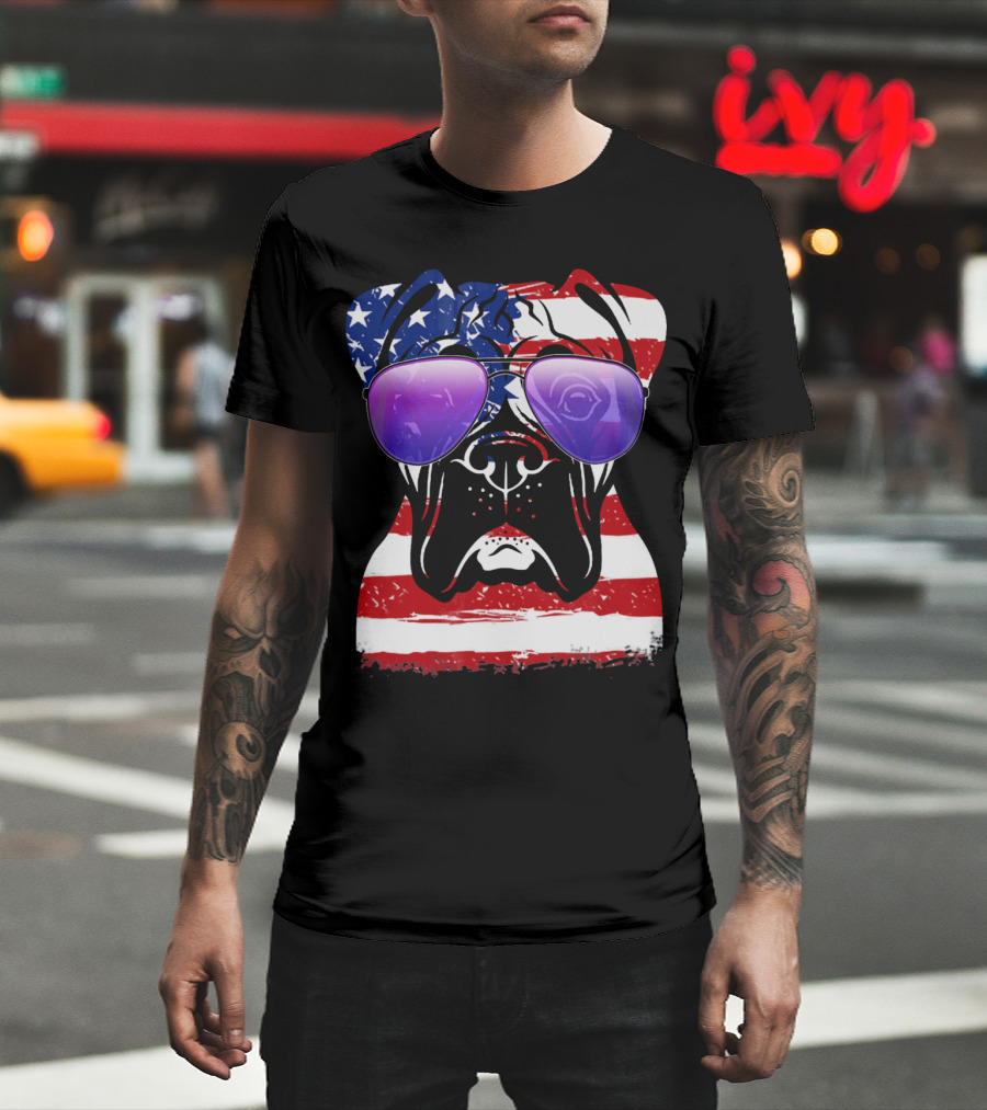 Boxer Dog With American Flag Sunglasses Patriotic T-Shirt