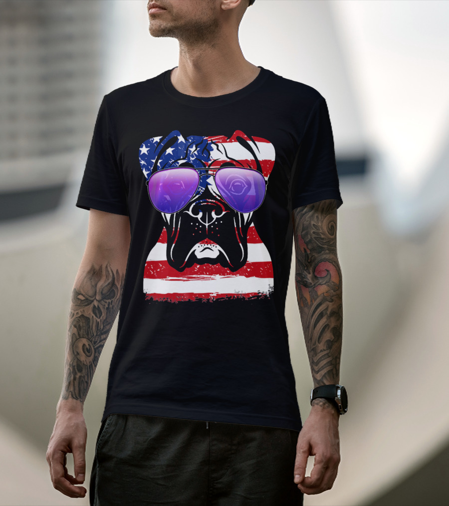 Boxer Dog With American Flag Sunglasses Patriotic T-Shirt