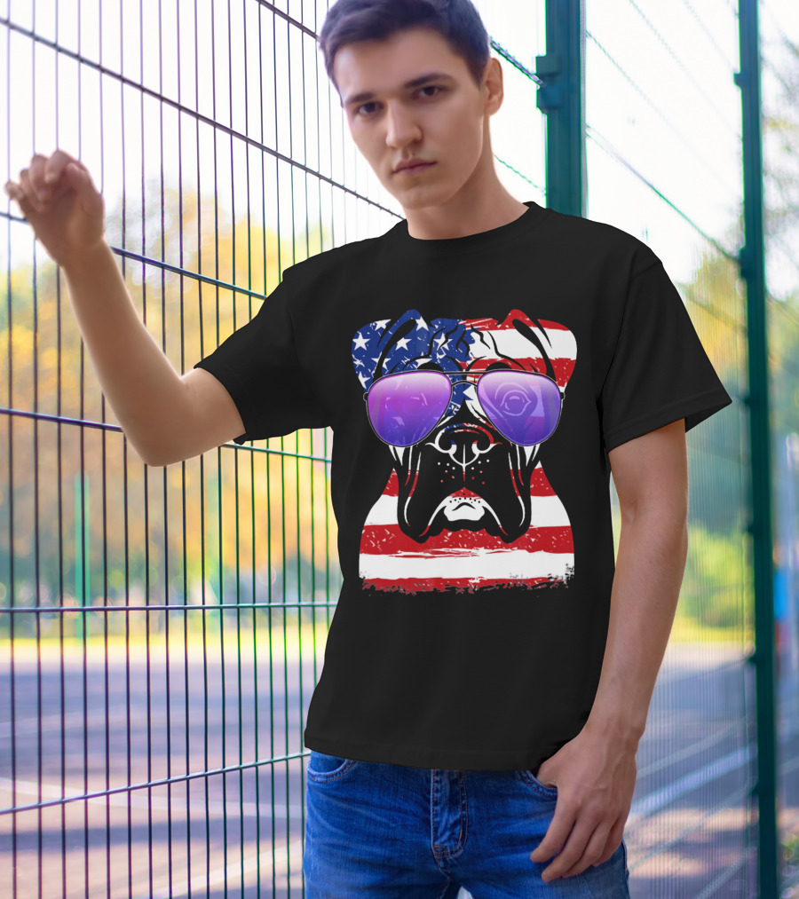 Boxer Dog With American Flag Sunglasses Patriotic T-Shirt